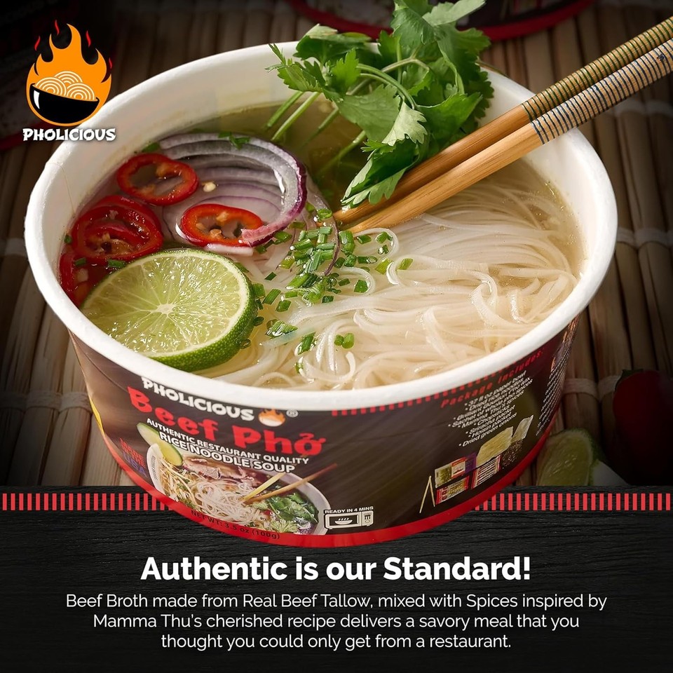 Pholicious Instant Beef Pho (3.6oz Single Serve) - Vietnamese Noodle ...