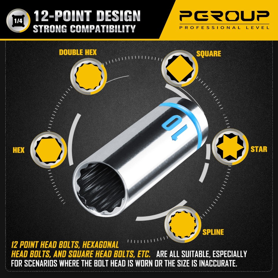 1/4" Drive Deep Socket Set, 12PCS Metric Socket Set (4-14mm), 12-Point ...