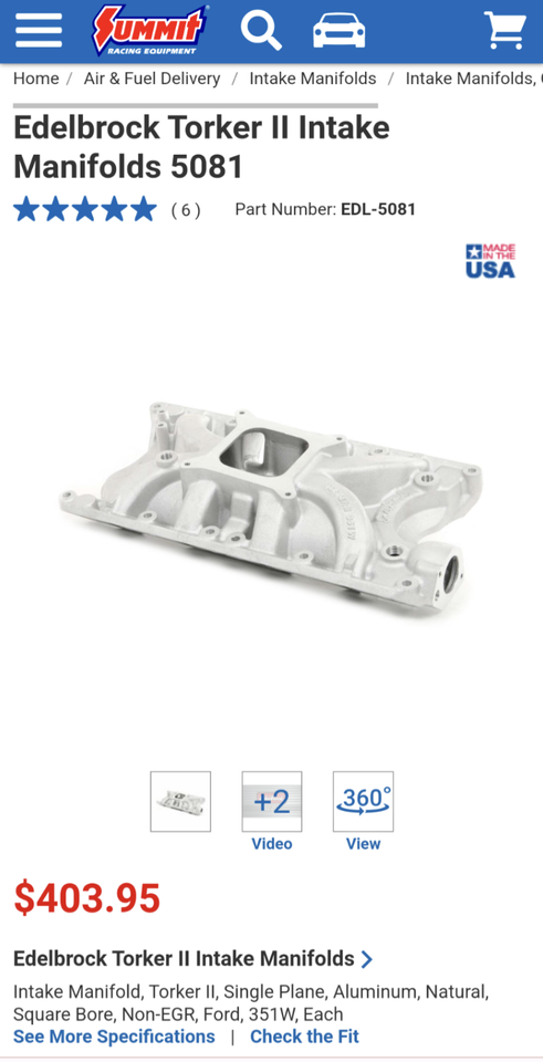 Edelbrock Torker 289 Intake Hipo Ford Mustang GT HO F150 302 347 Falcon ...