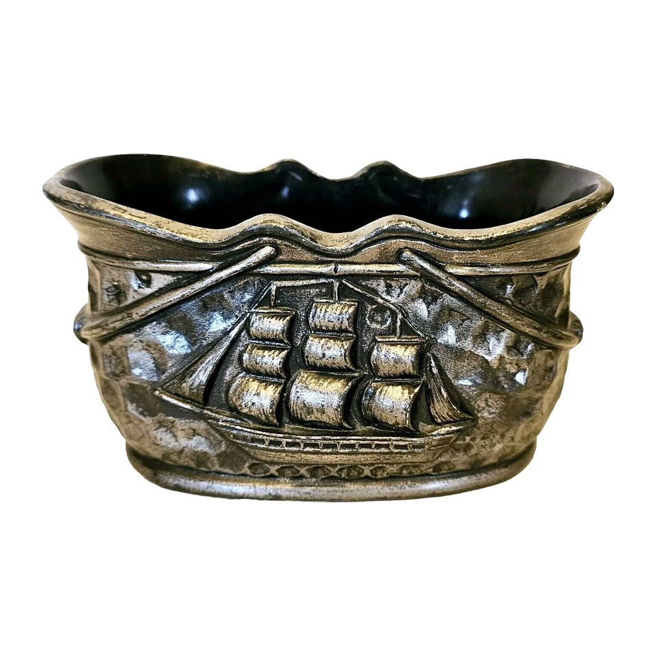 Vintage Planter Ceramic Pewter Color w/ Embossed Sailing Ship MCM 7" x ...