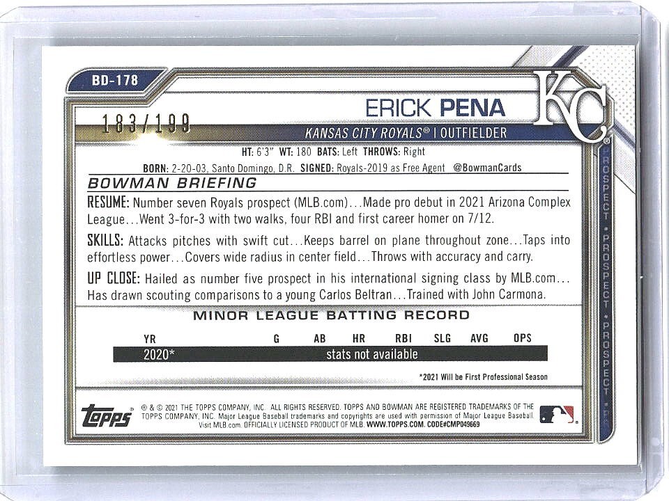 2021 Topps Bowman Draft Green Parallel Erick Pena /99 Kansas City ...