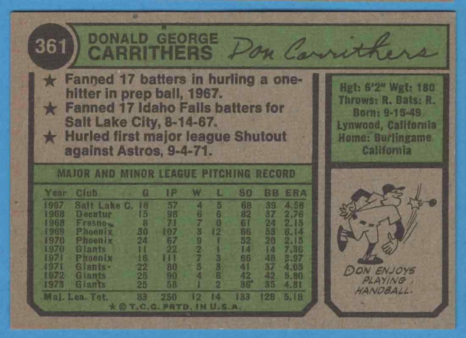 1974 Topps Don Carrithers #361 San Francisco Giants | eBay