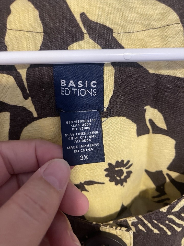 Basic Editions 2 Button Yellow & Brown Floral linen Cotton Top 3x | eBay
