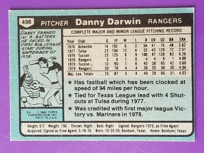 1980 Topps Texas Rangers Baseball Card #498 Danny Darwin - VG | eBay