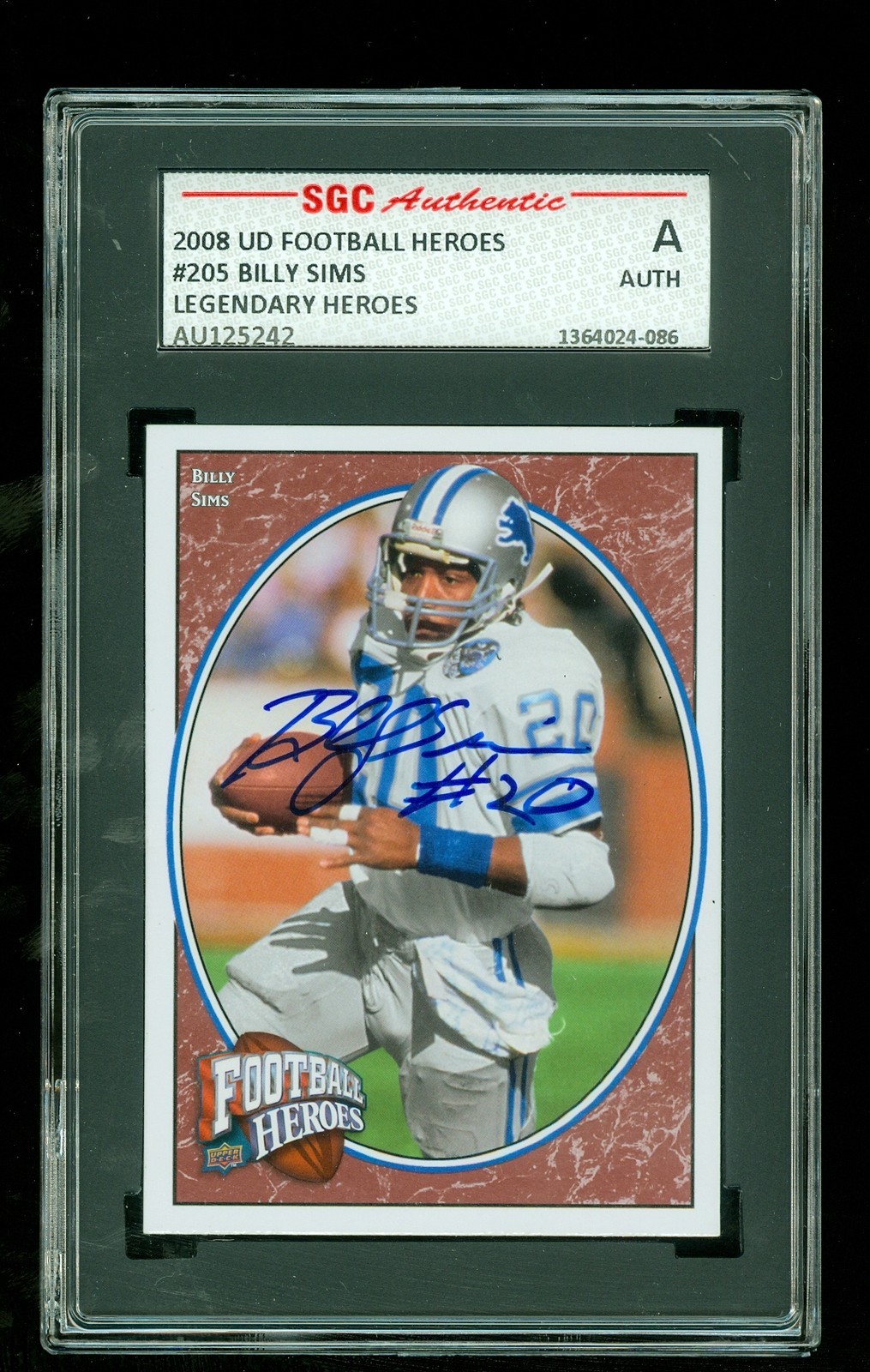 Billy Sims #20 Signed 2008 UD Football Heroes card #205 Autograph SGC ...