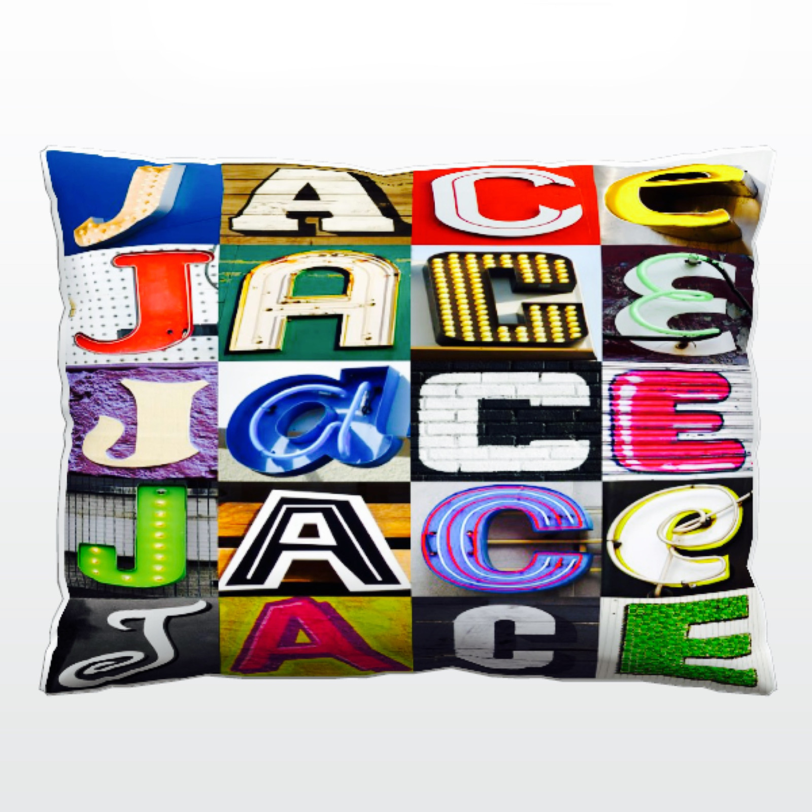 Personalized Pillow featuring the name JACE in photos of sign letters ...