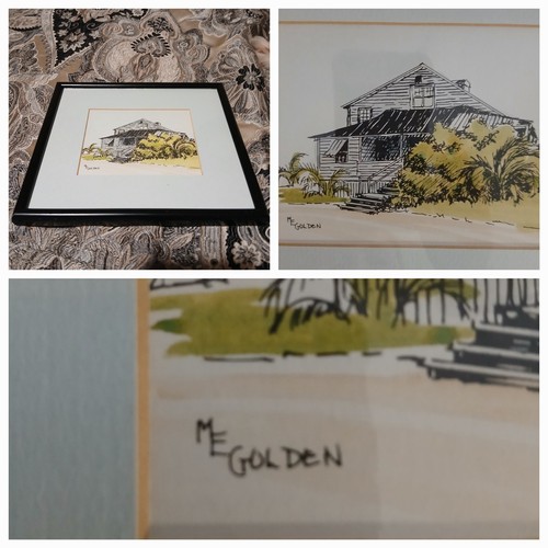 VTG ME Golden SIGNED Original Pencil /Graphite Drawing House/palm 8x7 ...