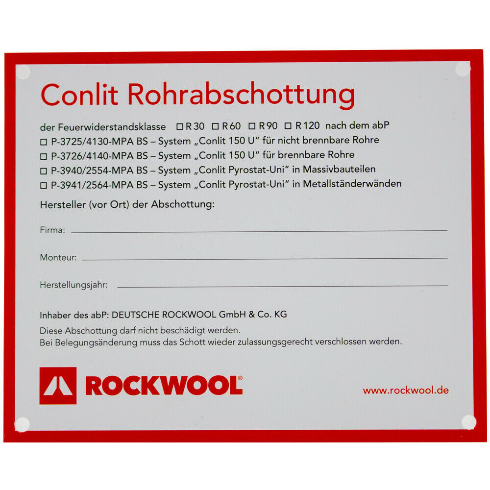 Conlit Rohrabschottung Schild Rockwool Kennzeichnungsschild R90 ...