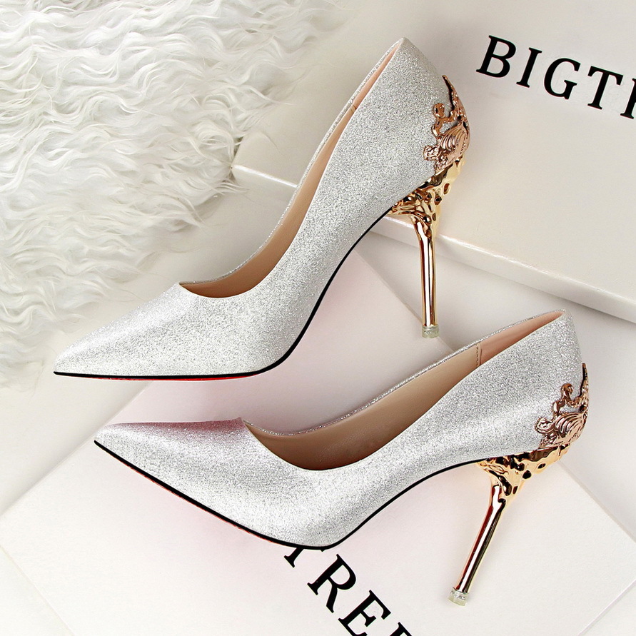 Women Black Metal Carving Heels Pumps Pointed Toe Stilettos Bridal ...
