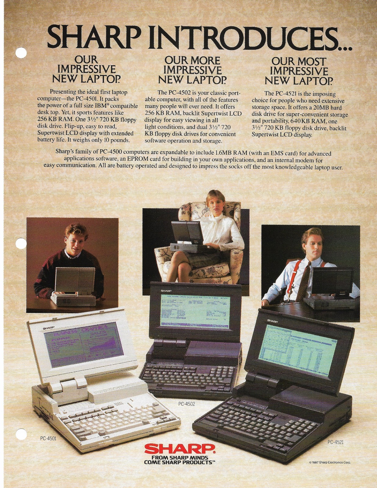 1987 " Sharp Introduces..." Laptop 1 pg Brochure Flyer PC-4501 PC-4502 ...
