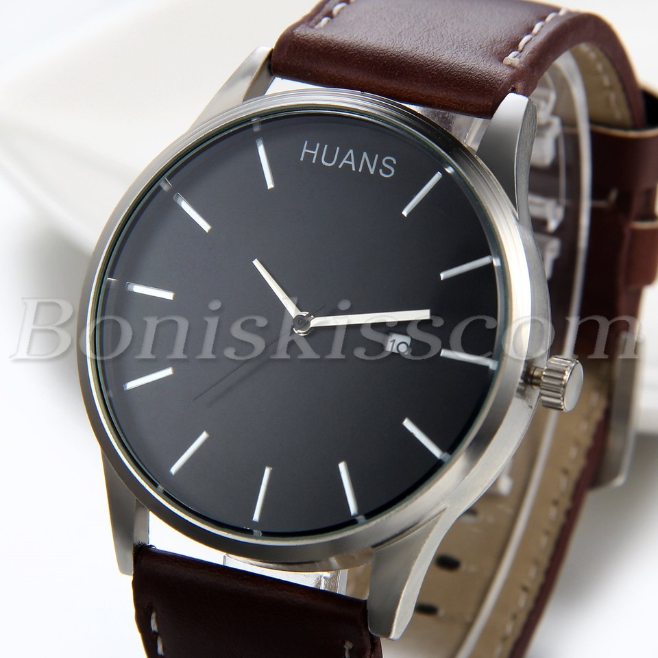 Men's Simple Casual Big Scale Dial Leather Strap Date Quartz Wrist ...
