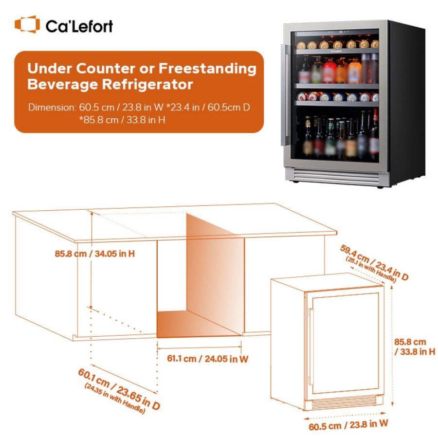 Ca'lefort 24" Hold 180 Cans Beverage Fridge 34°-54°F Glass Door Right ...