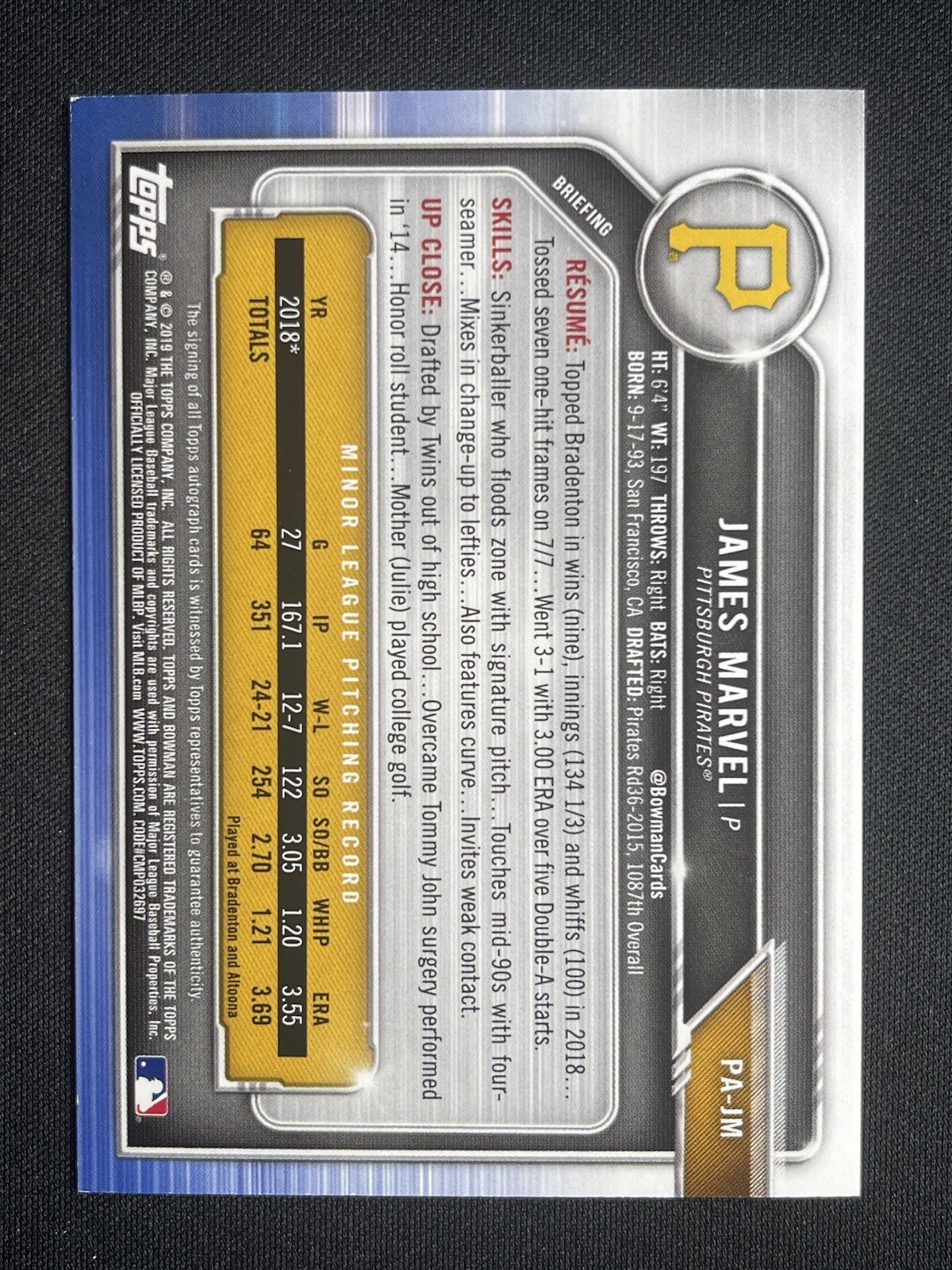 2019 Bowman - Prospect Autographs James Marvel #PA-JM Purple /250 (AU ...