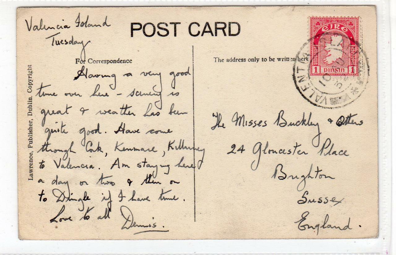 Picture postcard with VALENTIA ISLAND [Co Kerry Ireland] postmark ...