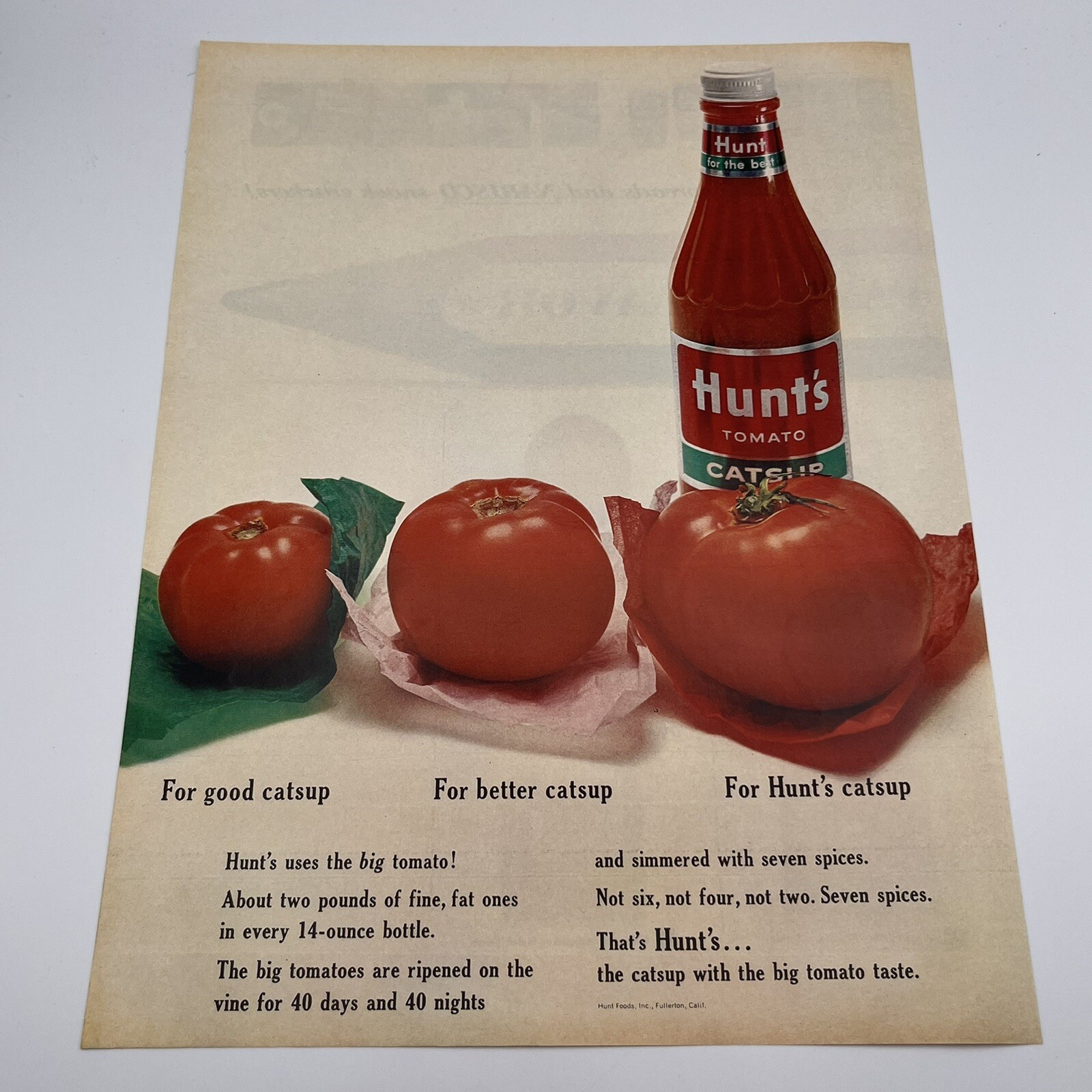 1964 Hunt's Ketchup Catsup Vintage Print Ad 13.5x10" Hunt's bottle and ...