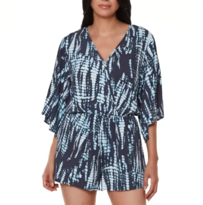 1931 Bar III Women's Tie-Dyed Romper Swim Cover-Up V -Neck BLUE sz S ...