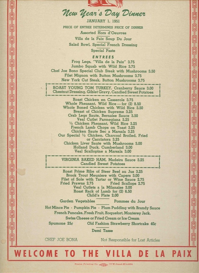 Villa De La Paix Menu Sixth Street Oakland California 1949 Josephine