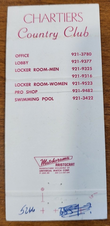 Matchcover Chartiers Country Club Pittsburgh Pennsylvania Golf Swimming ...