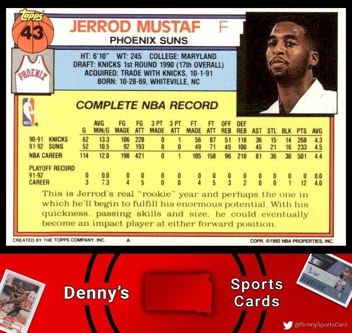 1992 Topps #43 Jerrod Mustaf Phoenix Suns Basketball Card | eBay