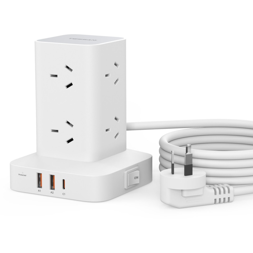 White Power Board with USB C 8 AC Outlets 2M Extension Cord 525J Surge ...
