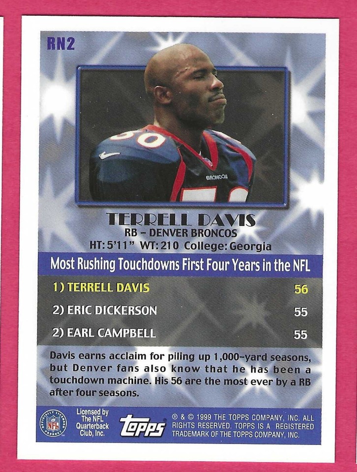 1999 Topps Record Numbers TERRELL DAVIS #RN2 Denver Broncos HOF Insert ...