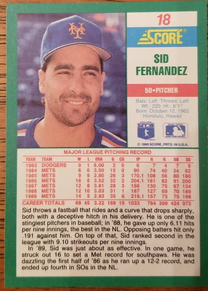 Sid Fernandez New York Mets 1990 Score Baseball Card #18 MT | eBay