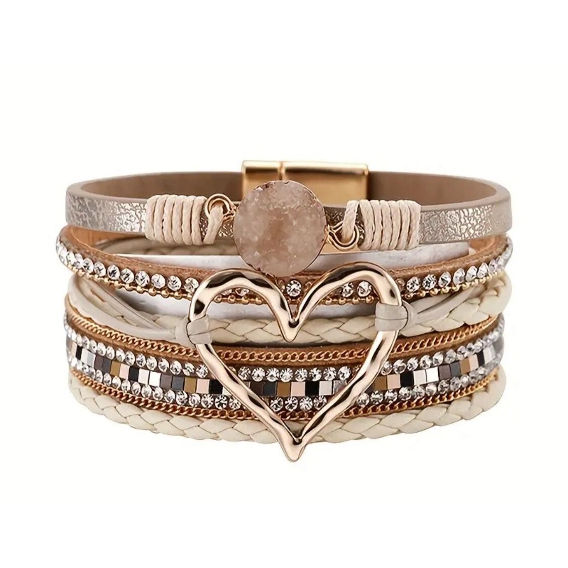 Boho Love Shape Warp Bracelet Inlaid Rhinestone Leather Bracelet With ...