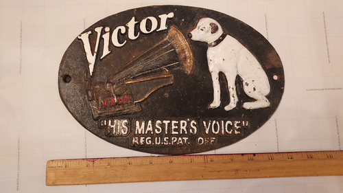 Cast iron antique Victor Phonograph sign advertising dog his masters ...