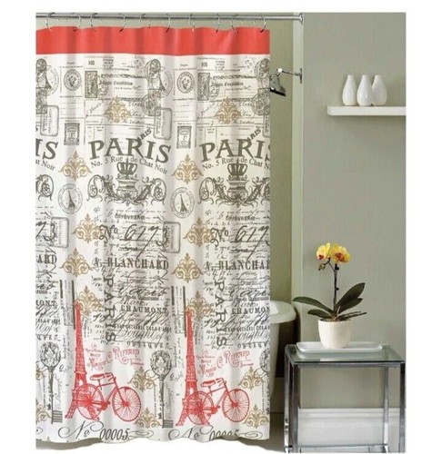 Paris Postal Shower Curtain Fleur de Lis, Eiffel Tower Bicycle ...