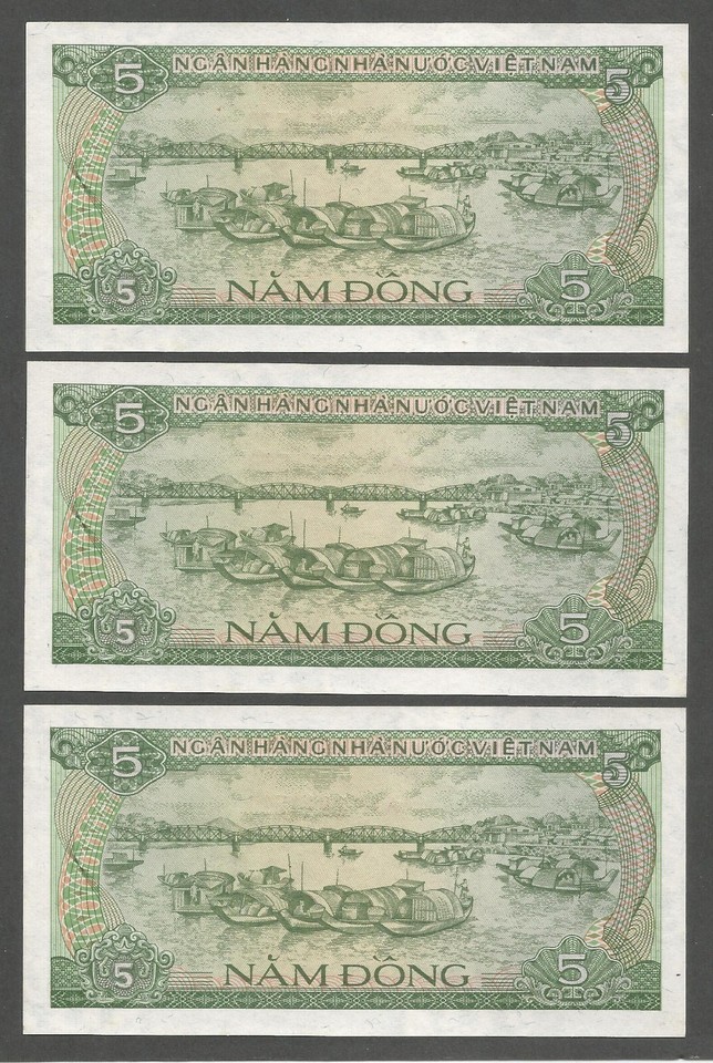 Vietnam 5 Dong 1985; UNC; P-92; BNB-B320a; Lot of 3 consecutive serial ...