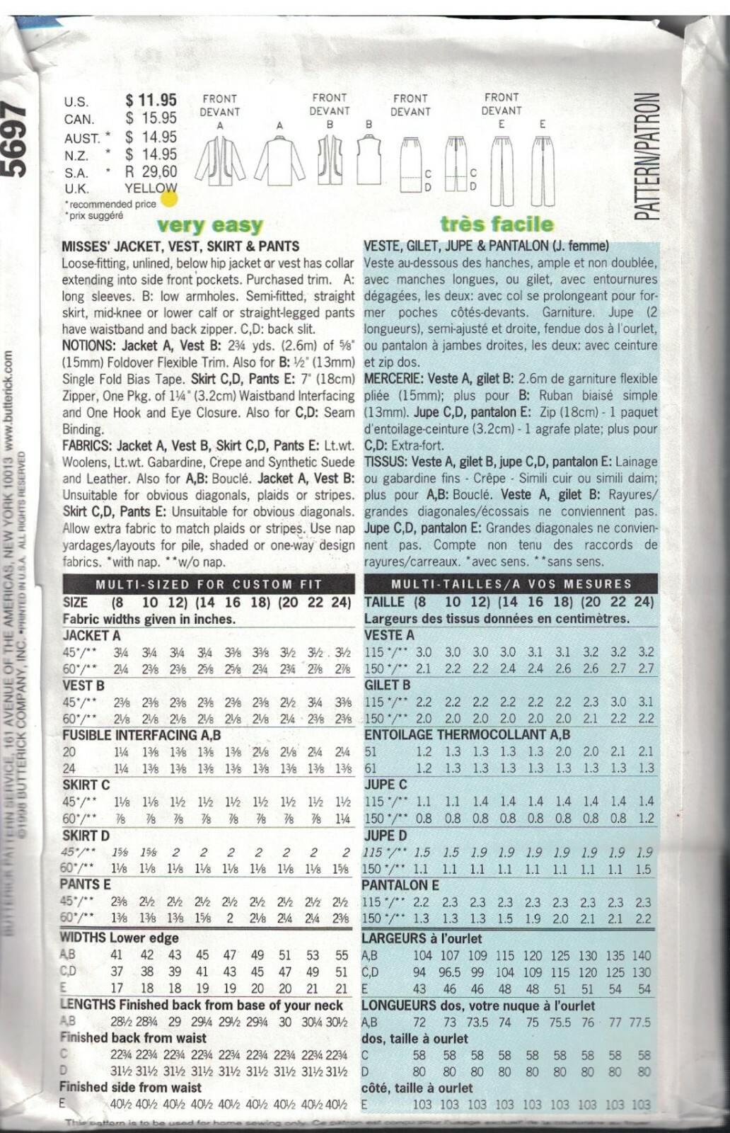 5697 Vintage Butterick SEWING Pattern Misses Jacket Vest Skirt Pants ...