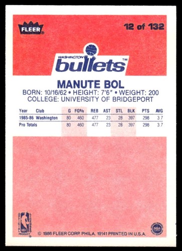 1986-87 Fleer #12 Manute Bol BASKETBALL Washington Bullets | eBay