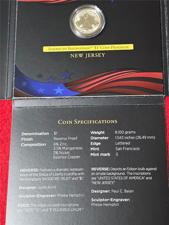 2019-S AMERICAN INNOV $1 COIN REV PF NEW JERSEY COIN EDISON LIGHT OGP # ...