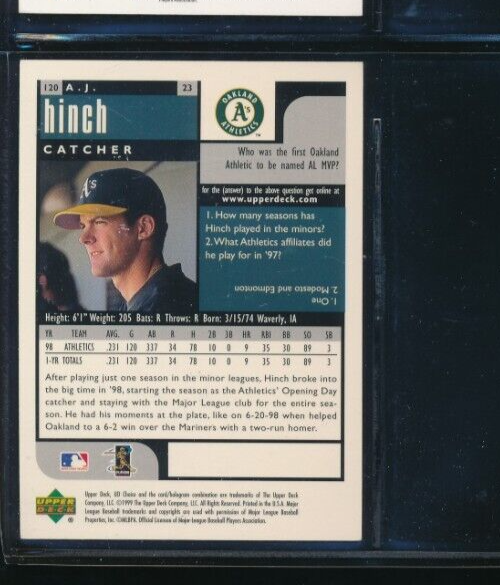 1999 UD Choice Baseball #120 A.J. Hinch Athletics Signed Autograph ...