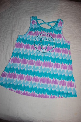 Girls Tank Top AQUA TEAL PURPLE TIE DYE Glitter Emoji STRAPPY BACK ...