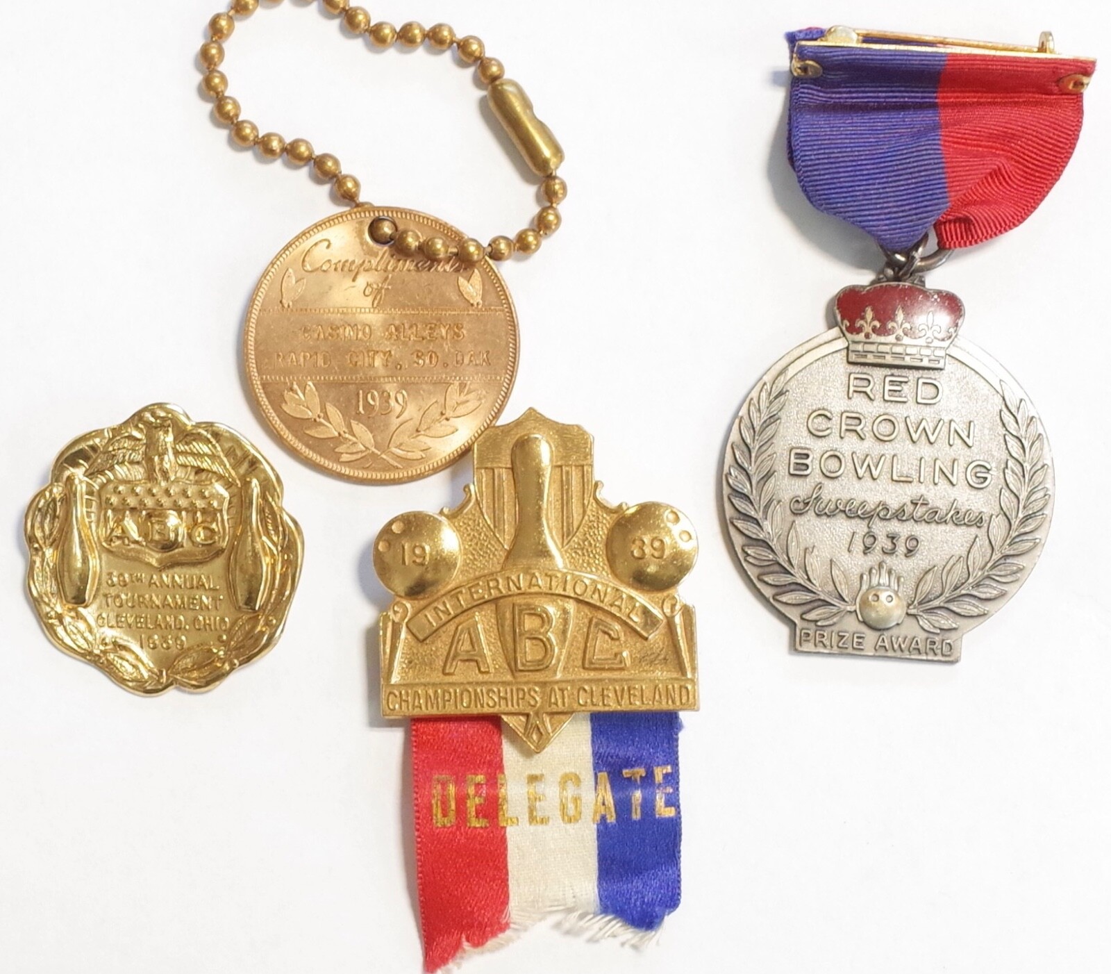 four 1939 BOWLING pin medallion medal token ABC Championship RED CROWN ...