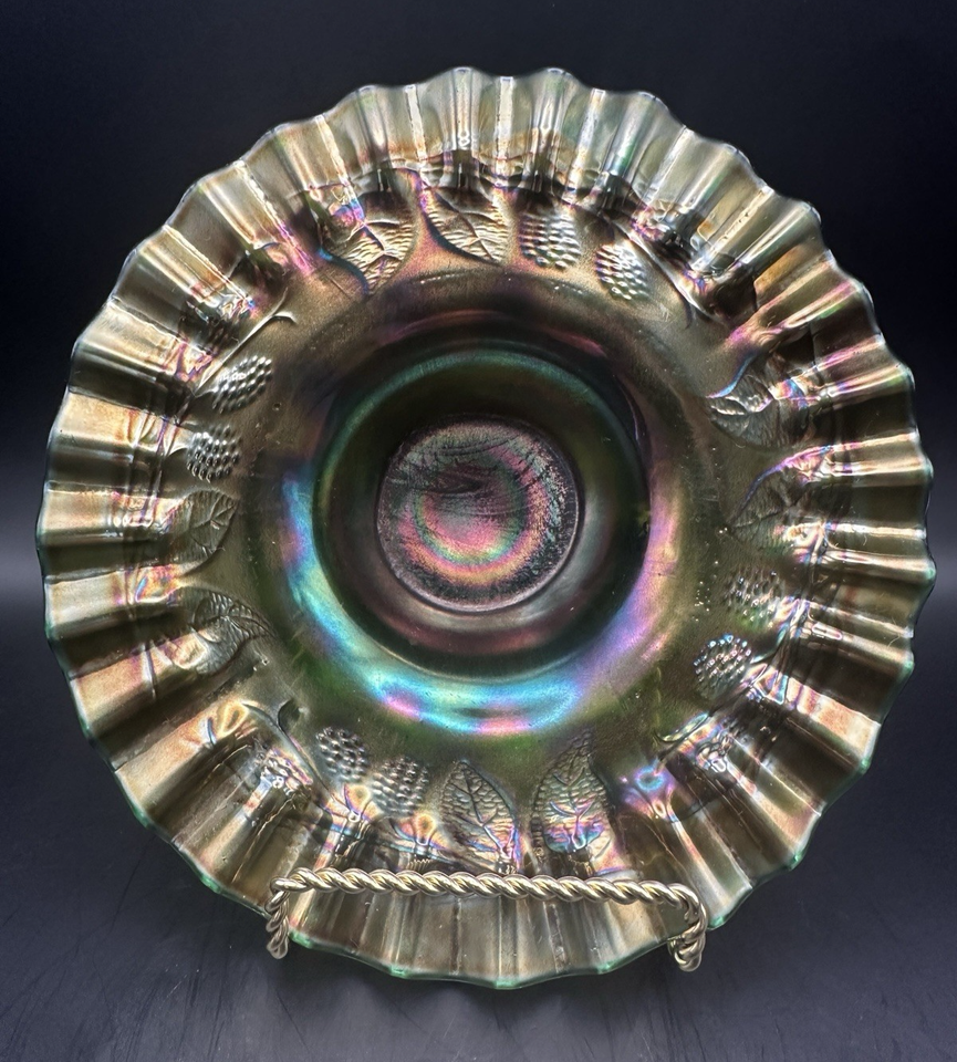 Antique FENTON Green Carnival Glass "Blackberry Spray" Crimped Hat Vase ...