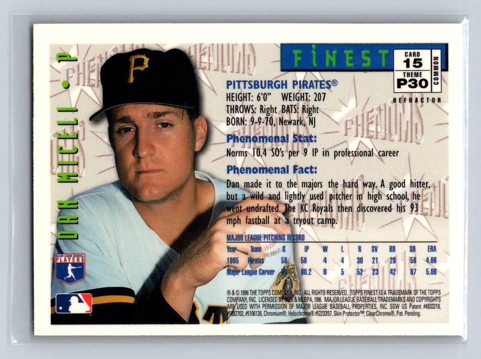 1996 Topps Finest Phenoms Bronze Refractor Dan Miceli #15 Pittsburgh ...