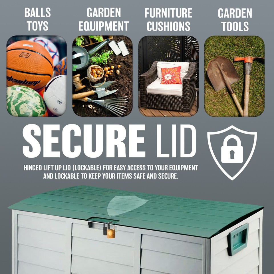 OUTDOOR GARDEN PLASTIC STORAGE SEAT UTILITY CHEST CUSHION SHED BOX TOOL ...