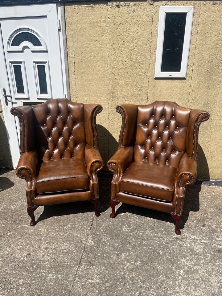 leather chesterfield Queen Anne chairs High back wing back CAN DEL | eBay