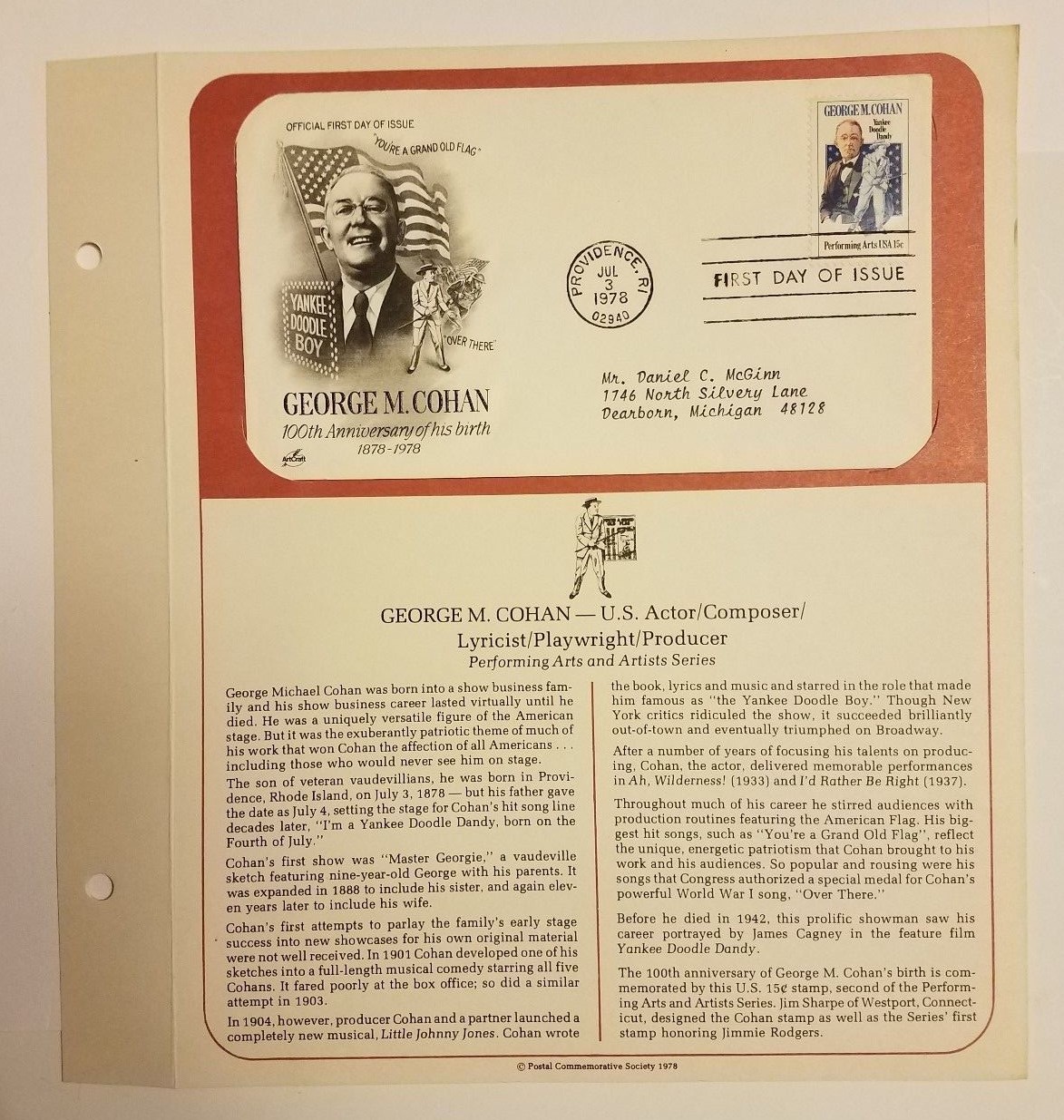 US Postage Stamp 1978-07-03 Georege M. Cohan Providence RI Postmark F ...