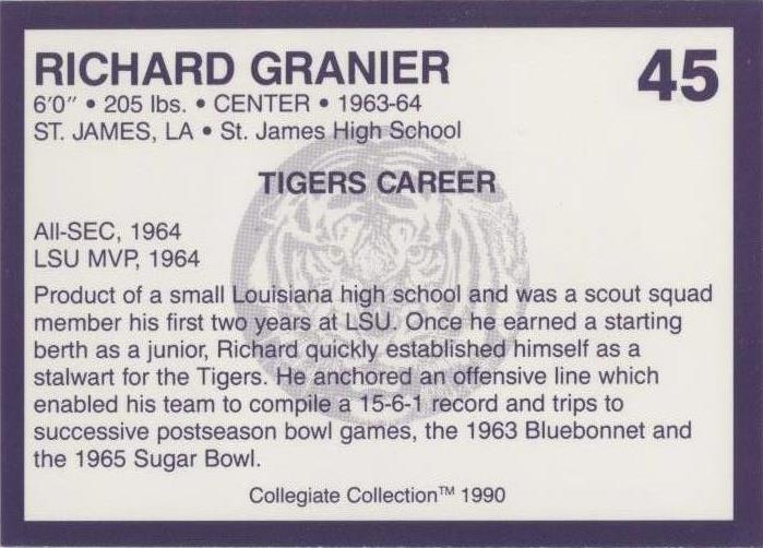 1990 Collegiate Collection LSU Tigers Richard Granier #45 for sale | eBay