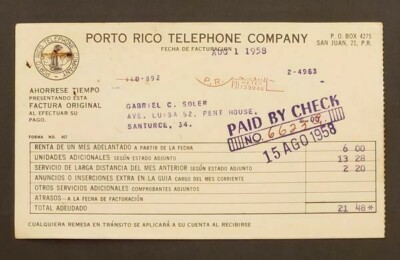 VTG RECEIPT / PORTO RICO TELEPHONE COMPANY / SAN JUAN PUERTO RICO 1958 ...