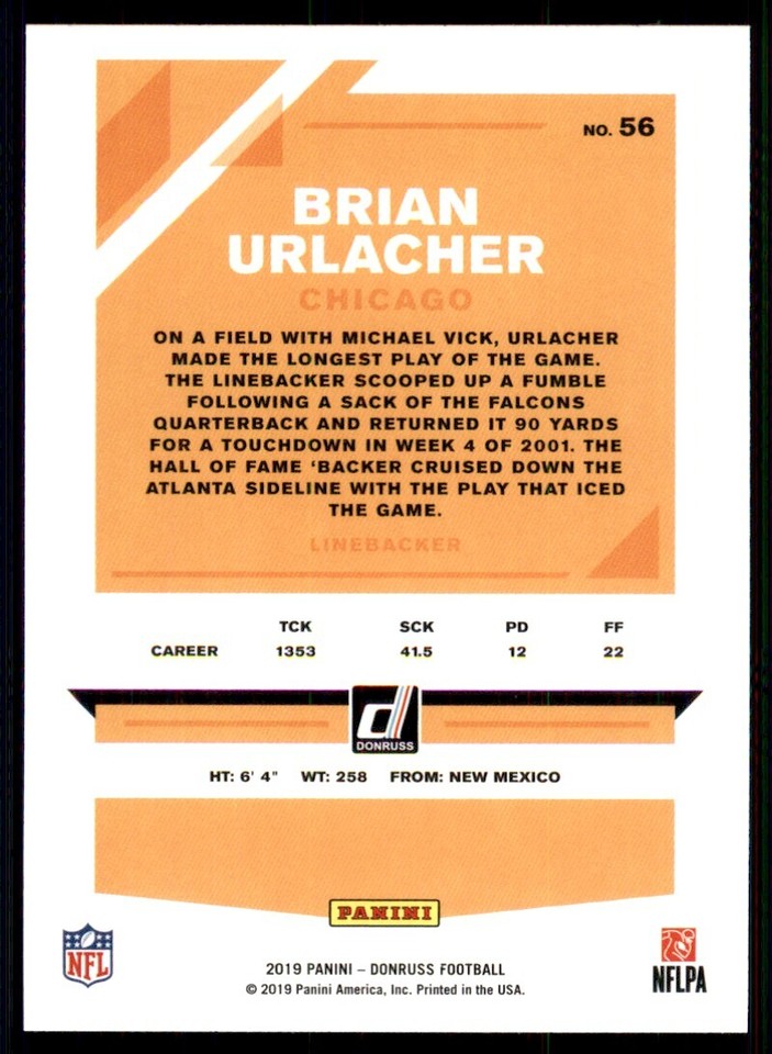 2019 Panini Donruss Brian Urlacher Chicago Bears #56 NFL Football Card ...