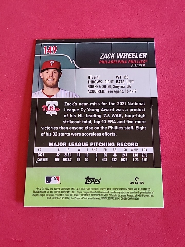 2022 Zack Wheeler Topps Stadium Club #149 RED PARALLEL | eBay