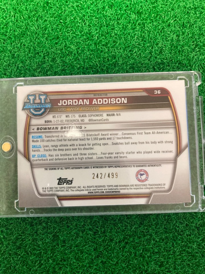 2022 Bowman Chrome U Jordan Addison 1st Refractor Auto Autograph #/499 ...