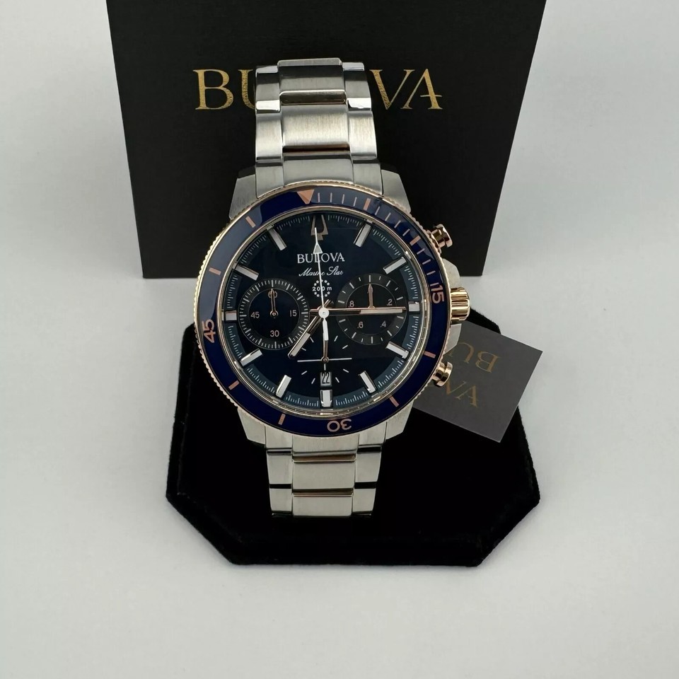 BULOVA MARINER STAR CHRONO BLUE &18KT GOLD 98B301 BEAUTIFUL SUBMARINER ...
