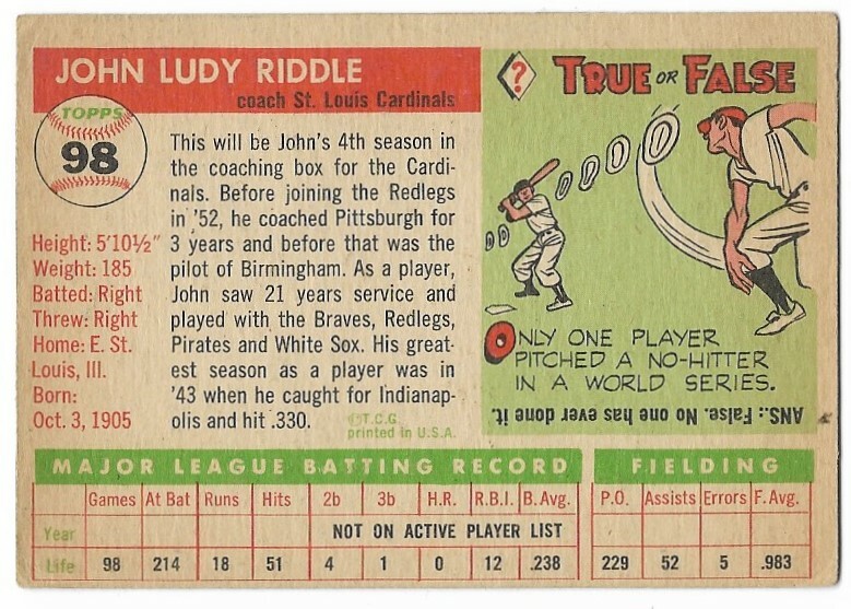 1955 Topps #98 JOHNNY RIDDLE ST. LOUIS CARDINALS-VG, (OC)-FREE USA Ship ...