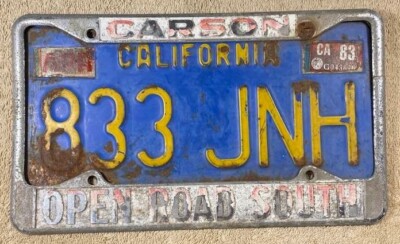 1983 California License Plate 833 JNH Vintage Frame Carson Open Road ...