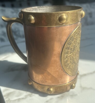 VINTAGE COPPER & BRASS CUP WITH MAYAN AZTEC CALENDER Brass Handle | eBay
